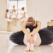 Ballet, depression and sad ballerina girl after theatre practice, dance ...