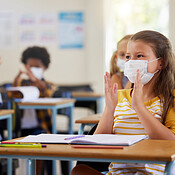 Safety, compliance and education in classroom at school with students ...