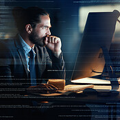 Big data, tech coding of a fintech programmer writing futuristic technology code on computer at ...