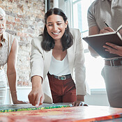 Creative, teamwork and art gallery worker team collaboration for a ...