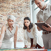 Leadership, teamwork and collaboration of art or painting team planning ...