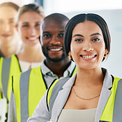 Diversity, team and portrait of engineering employees standing in an ...