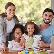 Family, children and education with kids learning at home with their ...