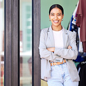 Happy, success and motivation mindset of a business woman retail shop ...