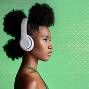Black woman, music headphones and fashion hairstyle on studio ...
