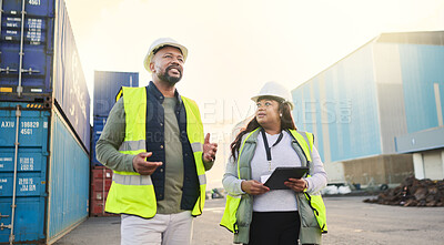 Logistics container, engineer black people manager and supply chain ...