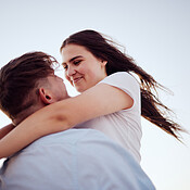 Happy, couple and love hug for real joy in happiness for bonding ...