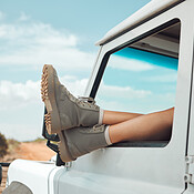 Travel, roadtrip and feet out window of a car, mockup for adventure ...