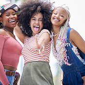 Peace, happy and portrait of gen z friends having fun on summer ...