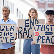 Protest, crowd and poster of peace, racism and justice in city street ...