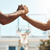 Basketball men handshake before game at sport court for good luck ...