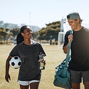 Soccer players, people or team walking after fitness, training and ...