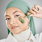 Muslim arab woman beauty, jade roller and facial skincare, cosmetics ...