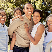 Big family, hug and portrait smile in nature for fun quality bonding ...