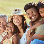 Happy, big family and garden picnic at the park with parents ...