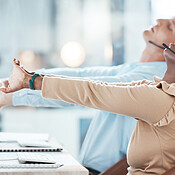 Call center, team and stretching for work in customer service, contact ...