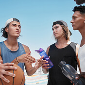 Basketball, team and collaboration for game strategy, planning or ...