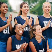 Netball, sports and women team applause, cheers and celebrate game ...