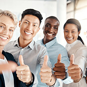Thumbs up, thank you and happy business team with positive energy for motivation, professional ...