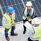 Top view, engineer teamwork and planning of solar panel maintenance ...