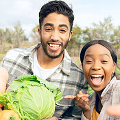 Vegetables, agriculture and farmer couple on farm, sustainable farming ...