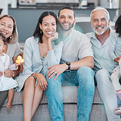 Big family portrait, love and living room in family home, house and ...