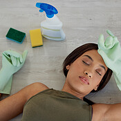 Burnout, housework and woman sleeping on floor while doing chores with ...