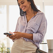 Woman, phone and social media, funny message or online meme while ...