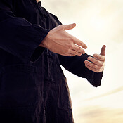 Praying, worship and Muslim man in nature for gratitude, peace and ...