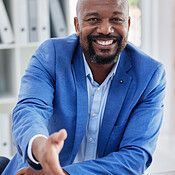 Welcome, black ceo man and happy portrait in office for introduction ...