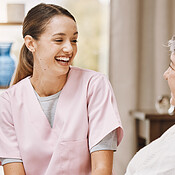 Nurse, woman and nursing home support, help and kindness for medical homecare service. Happy ...