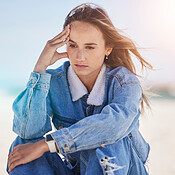 Thinking woman, stress or depression by beach, ocean environment or sea ...