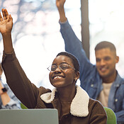 Black woman learning, class and education with student, question with ...