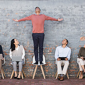 Business people, waiting room and man standing out for interview ...
