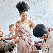 Designer women, model and fitting dress for focus, design or teamwork ...