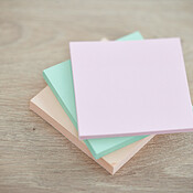 Top view, wood and sticky notes for brainstorming, ideas and planning ...