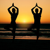 Prayer hands, yoga silhouette and sunset with couple at beach for ...