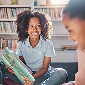 Library, reading and happy, african children learning, education and ...