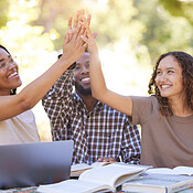 Friends, students and teamwork high five at park for unity, solidarity ...