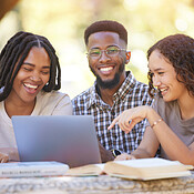 Students, friends and group with laptop laughing at funny meme ...