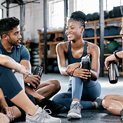 Fitness, conversation and friends at the gym for training, exercise ...