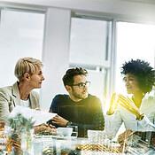 Overlay, business and staff in meeting, future and conversation for ...