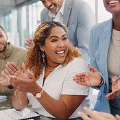 Business people, clapping or success in diversity meeting for marketing ...