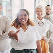 Recruitment, handshake and business team welcome from black woman ...