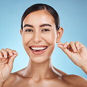 Woman, flossing in portrait and smile, dental healthcare for fresh ...