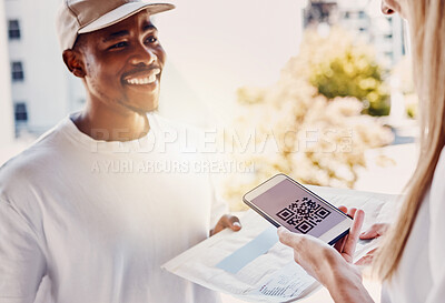 QR code, delivery man and customer phone in home for easy payment ...