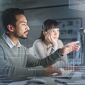 Business people, coding with partnership and information technology ...