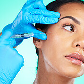 Skincare, black woman and injection for cosmetics, treatment and girl ...