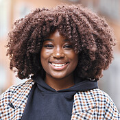Happy, smile and portrait of a black woman in the city with optimistic ...