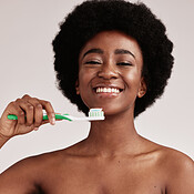 Black woman, brushing teeth and toothbrush portrait for clean and ...